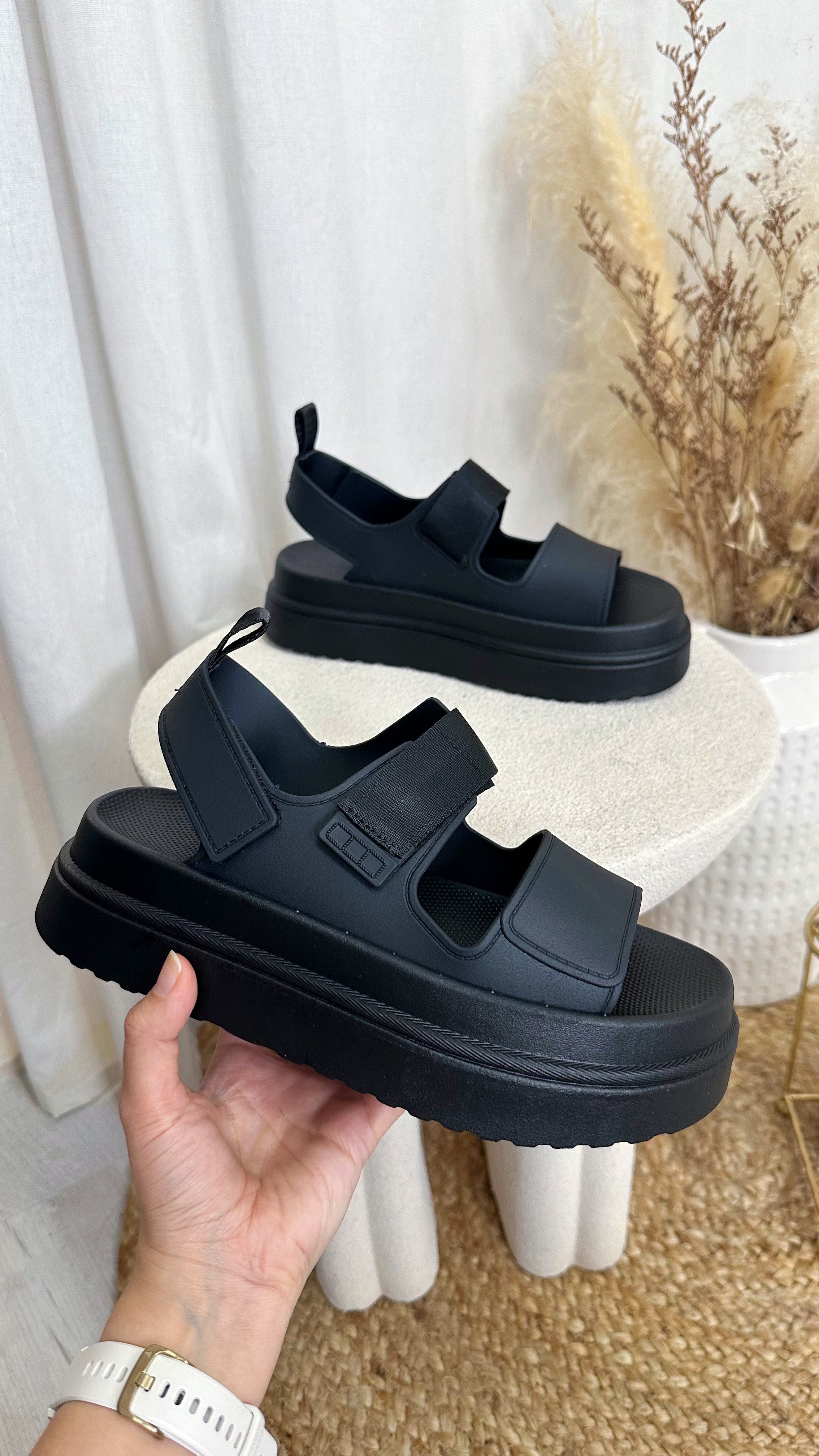 Chunky Velcro Strap Sandals - BLACK – Altoria