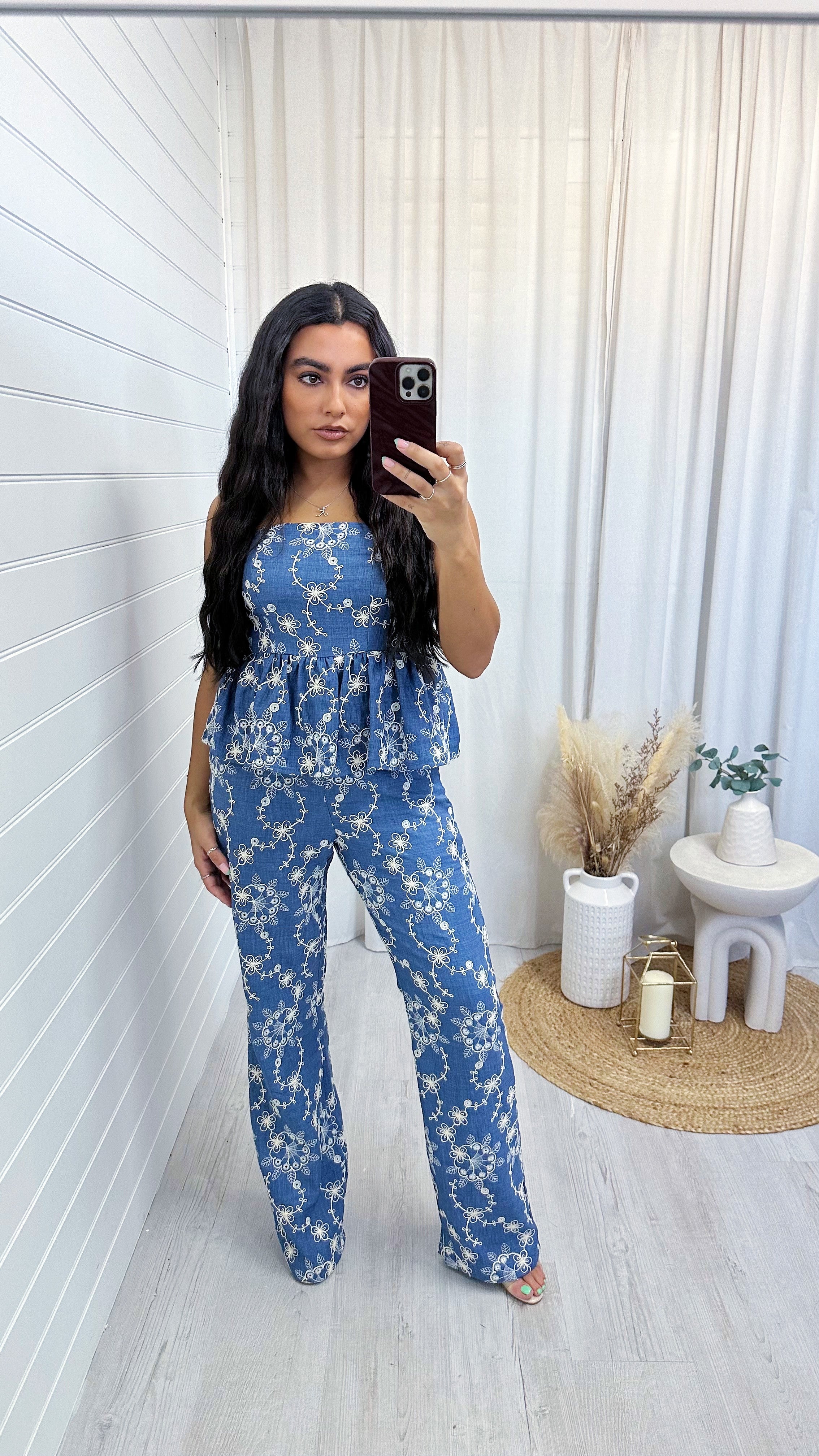 Embroidered Frill Bandeau Jumpsuit - DENIM BLUE – Altoria