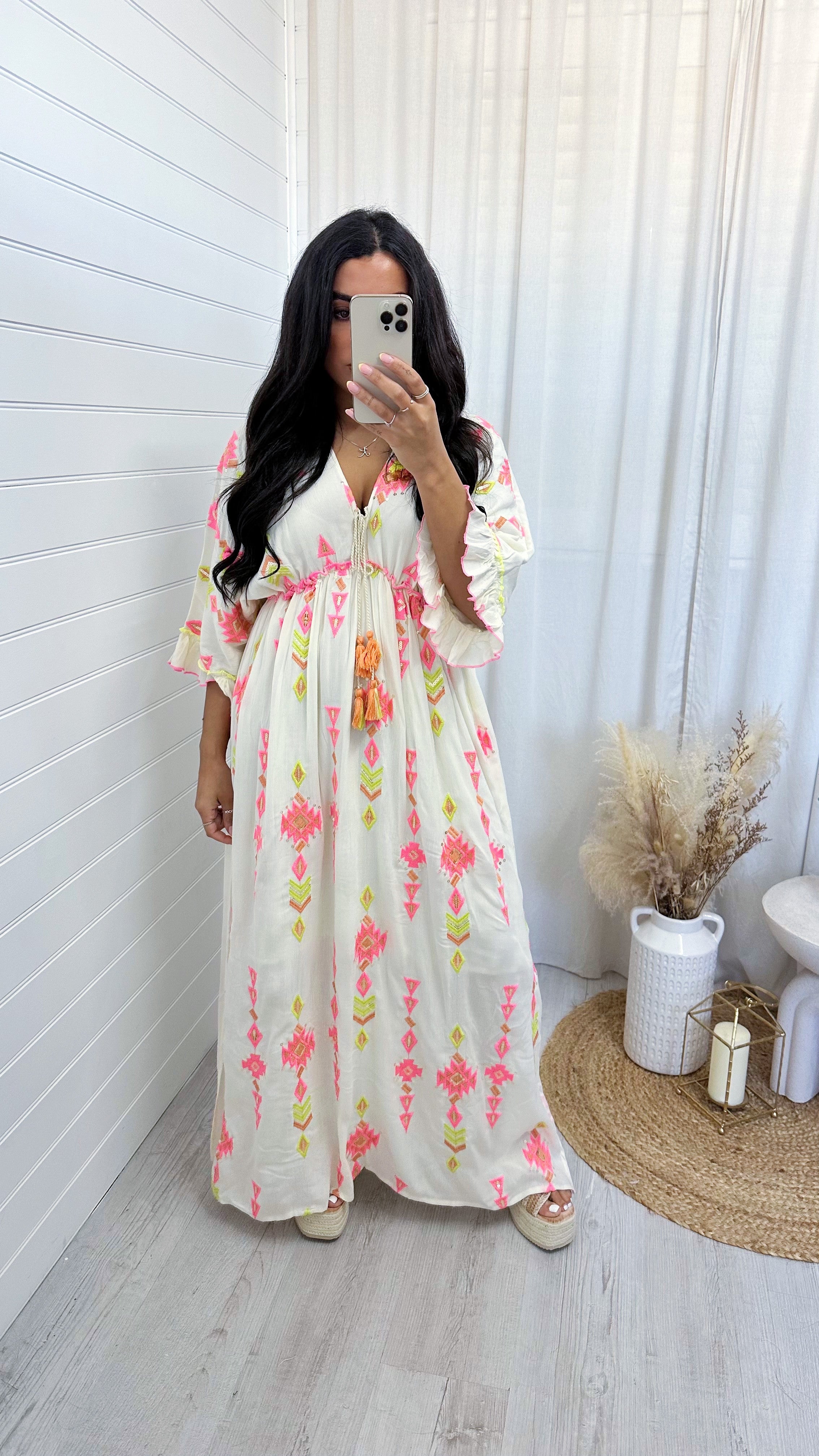Aztec Beaded V Neck Maxi Dress - CREAM – Altoria