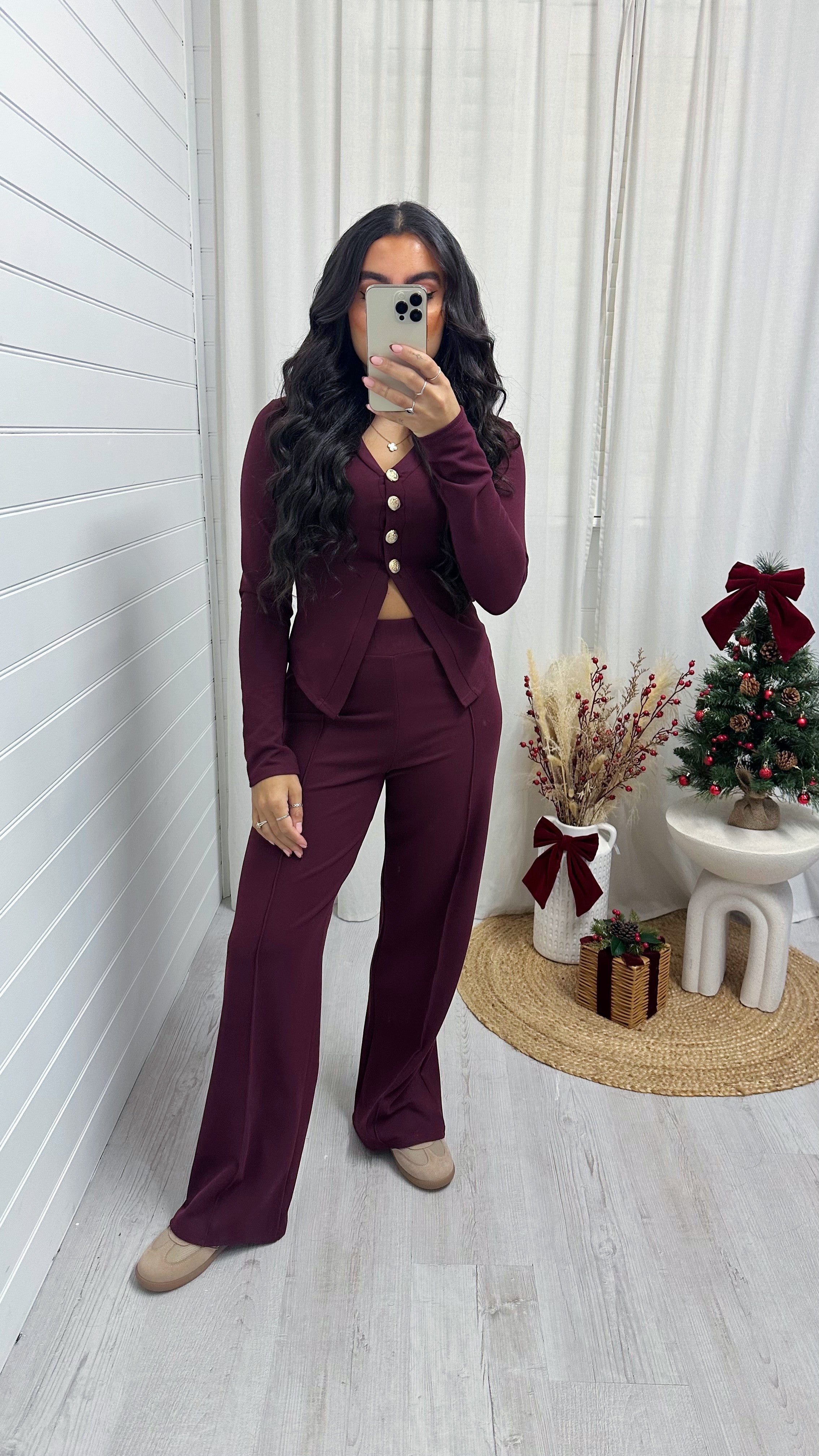 Gold Button Cardigan and Straight Trousers Co-Ord - BURGUNDY – Altoria