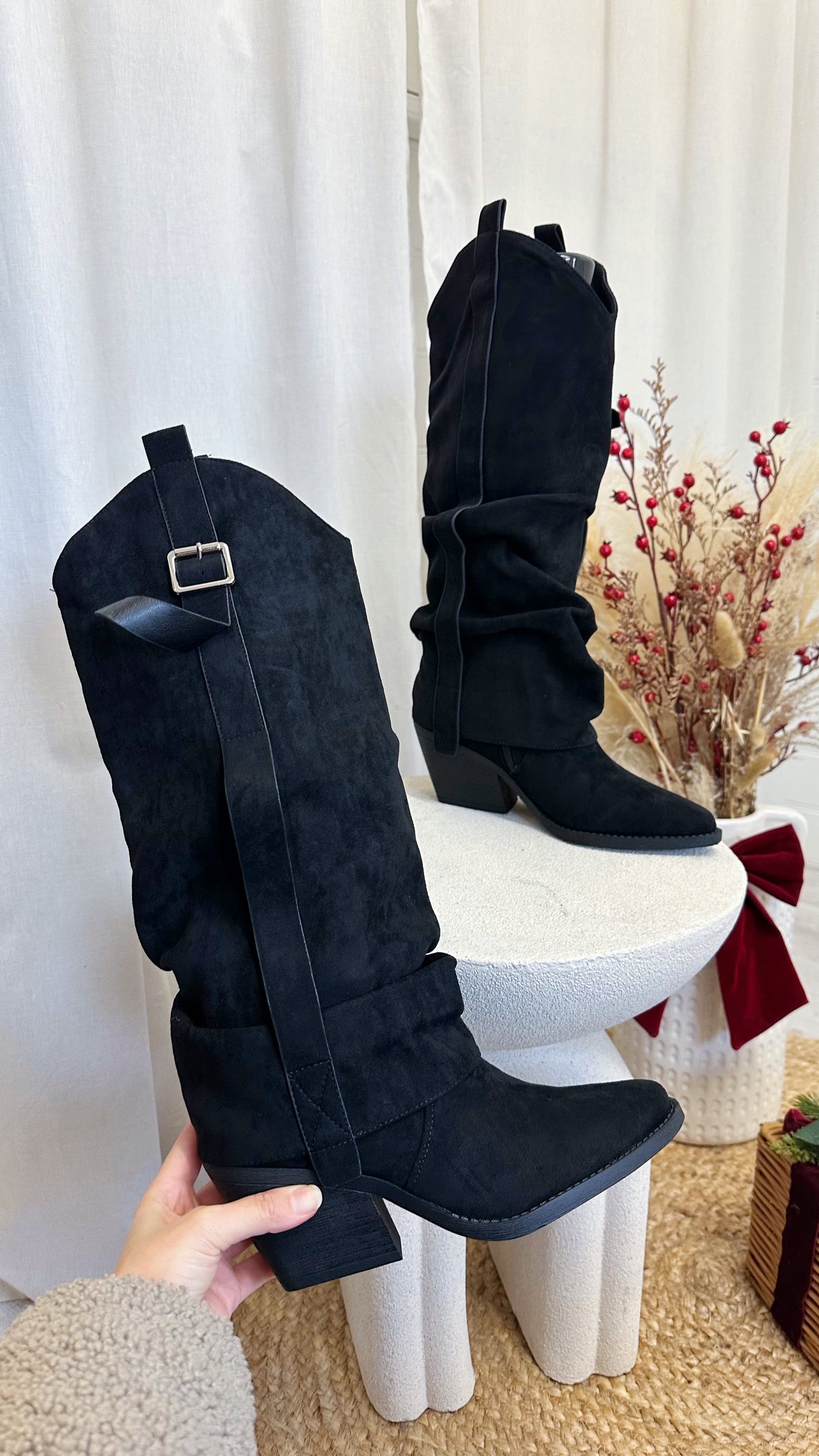 Fold Over Silver Buckle Knee High Cowboy Boots - BLACK – Altoria