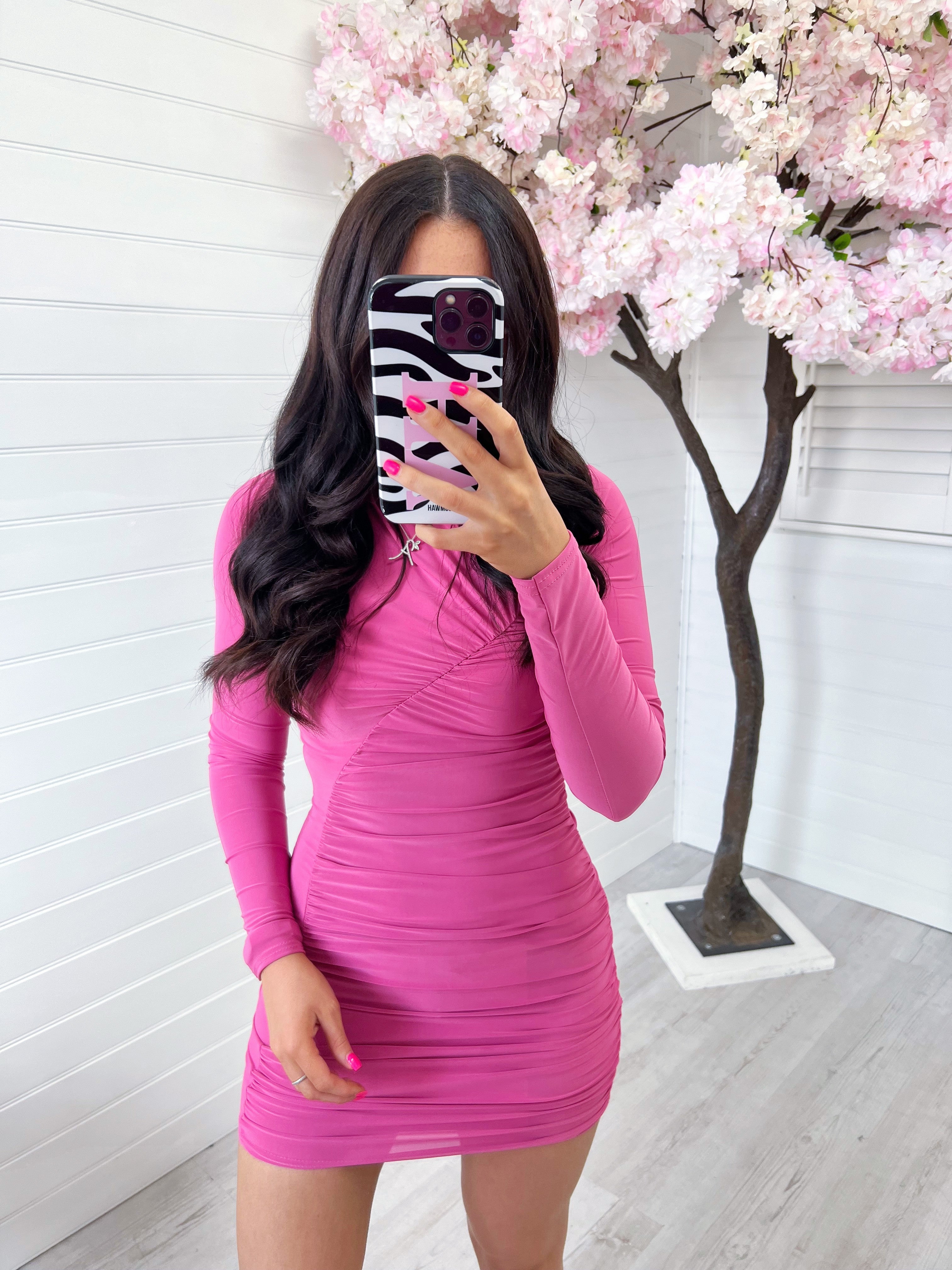 Ruched Front Long Sleeve Dress - PINK – Altoria